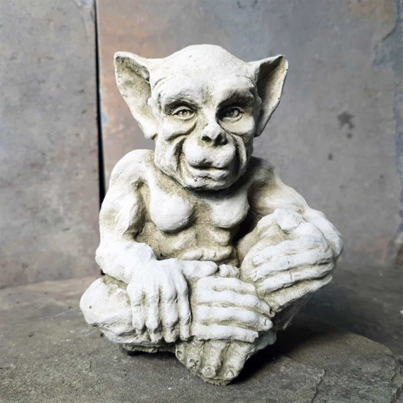 Smiling Sprite Statue Arms & Legs Crossed Stone Concrete Gothic Garden ...